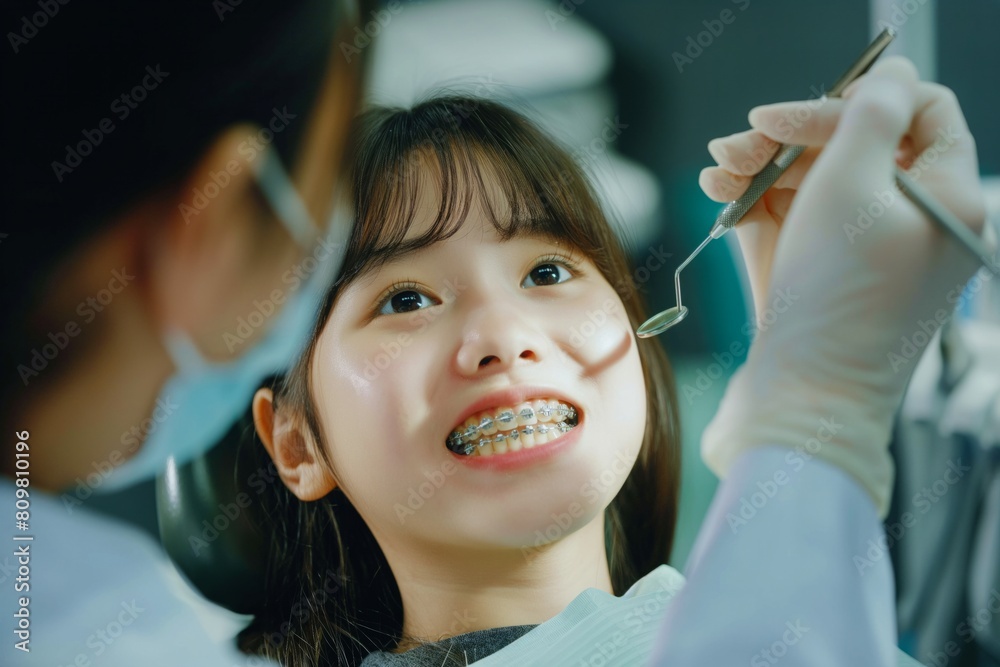 Asian girl with orthodontic metal braces in a dental chair at a doctor ...