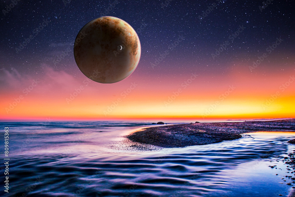 Sunset view from the surface of an alien world, alien landscape with an ...