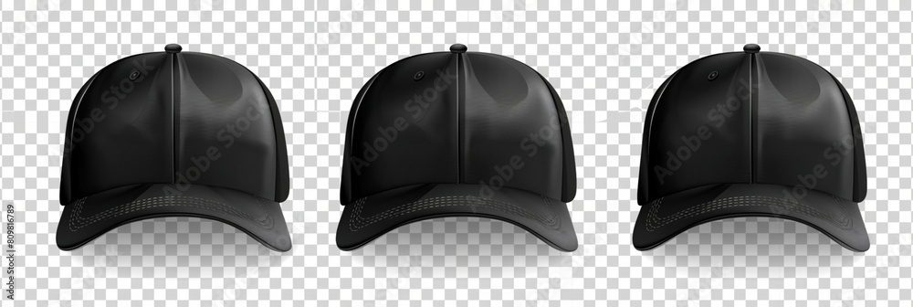 Set of black front and side view hat baseball cap on transparent ...