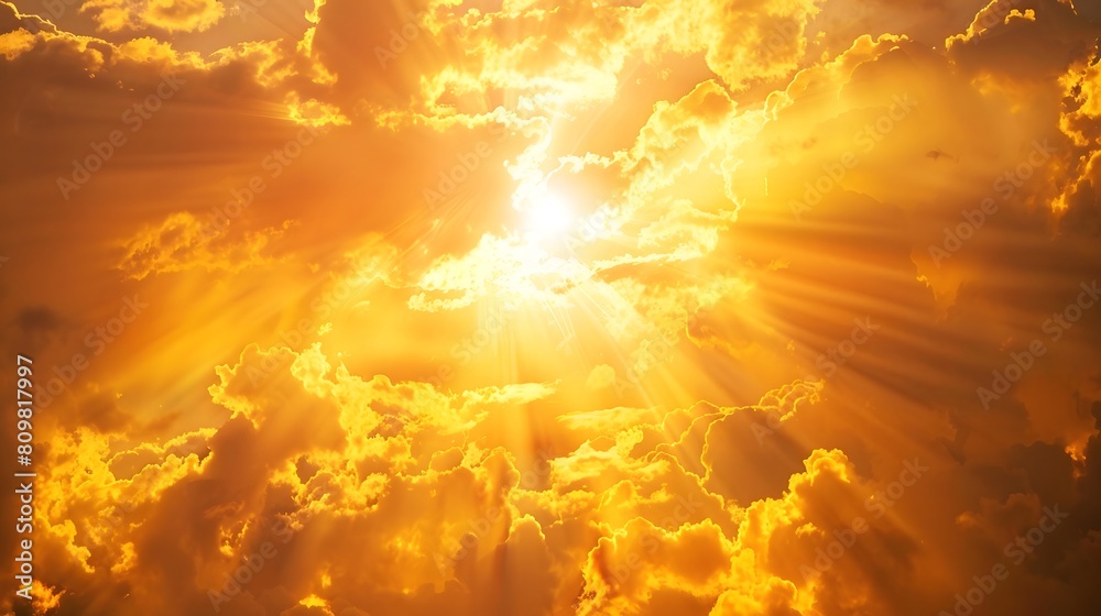 God light. Dramatic golden cloudy sky with sun beam. Yellow sun rays ...