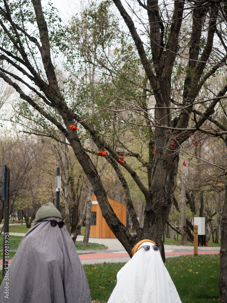 Two boys dressed as ghosts in grey and white sheets, Halloween ...