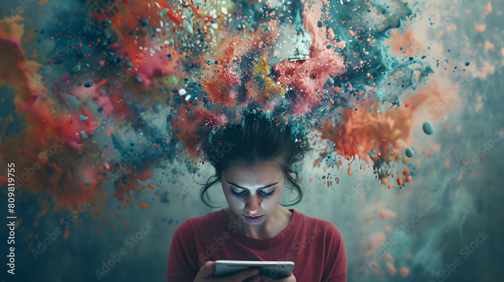 powerful visual metaphor of social media addiction, with a young woman ...