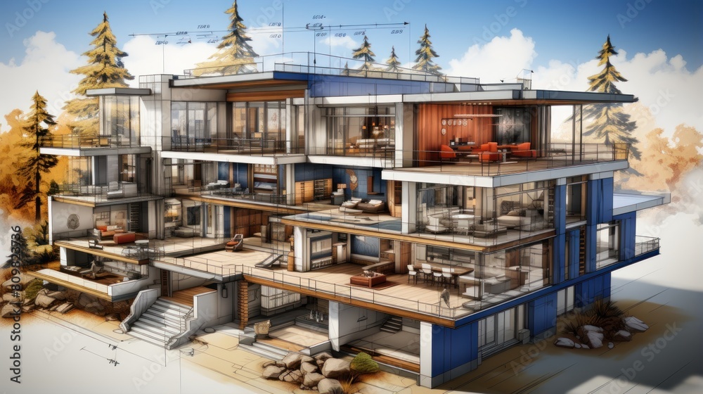 Architectural Concept Art of a Modern Mountain Home With Detailed ...