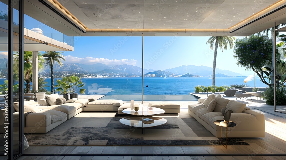 Luxury villa with terrace and floor to ceiling panoramic window with ...