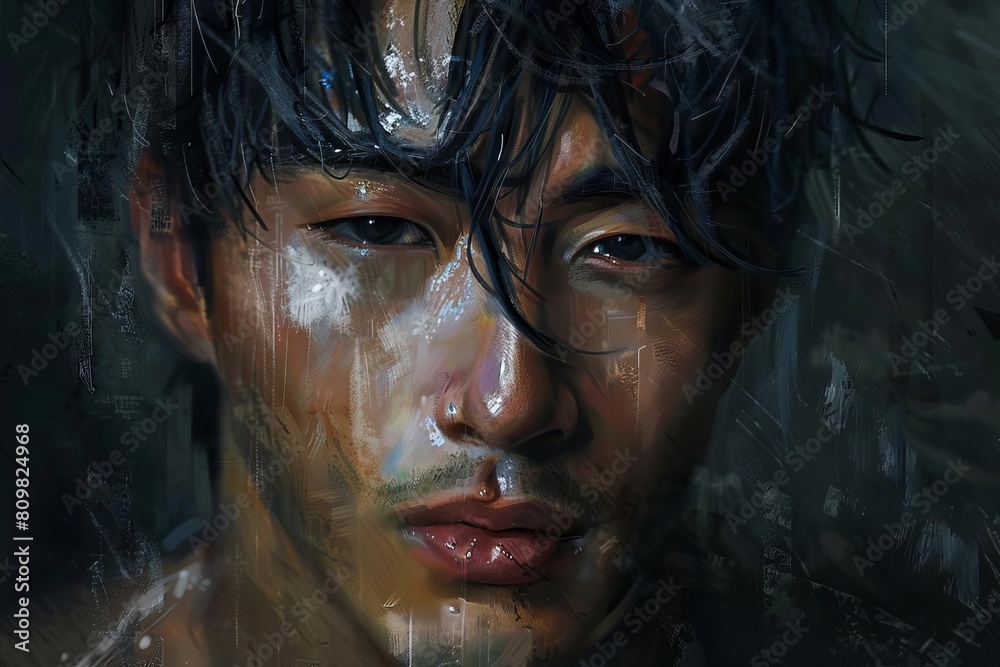 intense brooding closeup portrait of rugged korean male model with ...