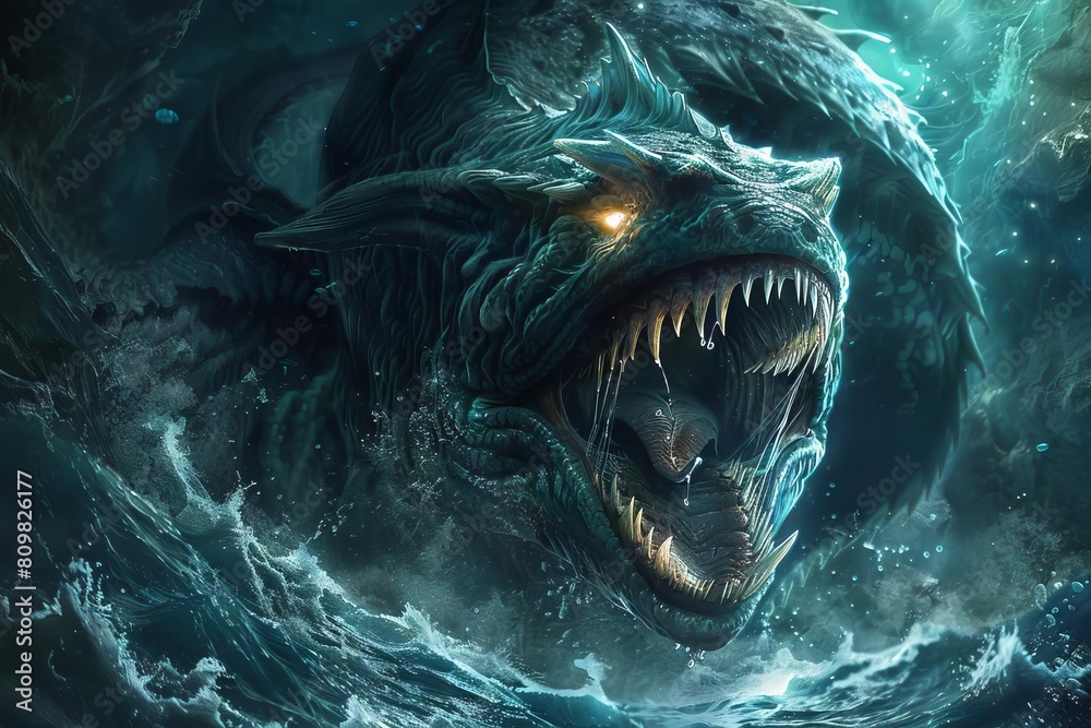 menacing sea monster emerging from shadowy underwater cave baring sharp ...