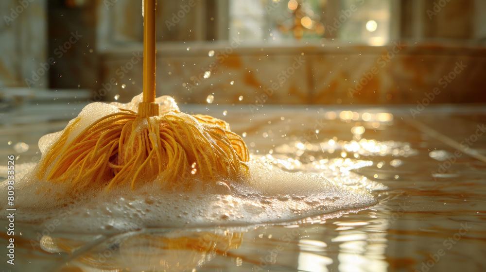 Dip the mop made into soapy water, watching as it becomes saturated ...