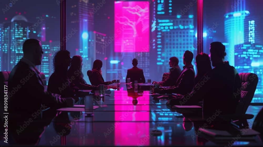 Corporate leadership meeting set against a cyberpunk 80s backdrop ...