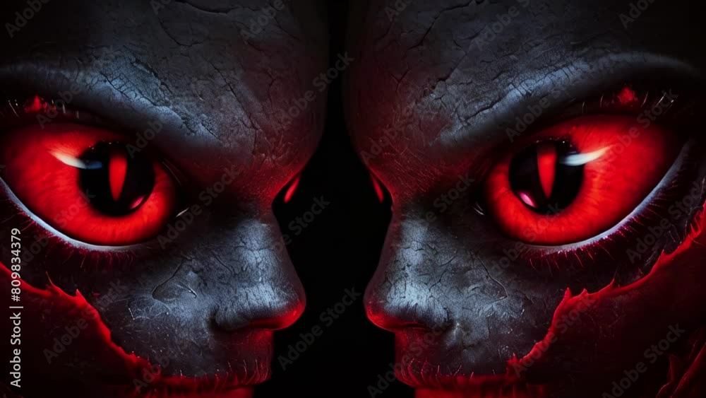 Intense demonic faces with glowing red eyes. Devils with vibrant eyes ...