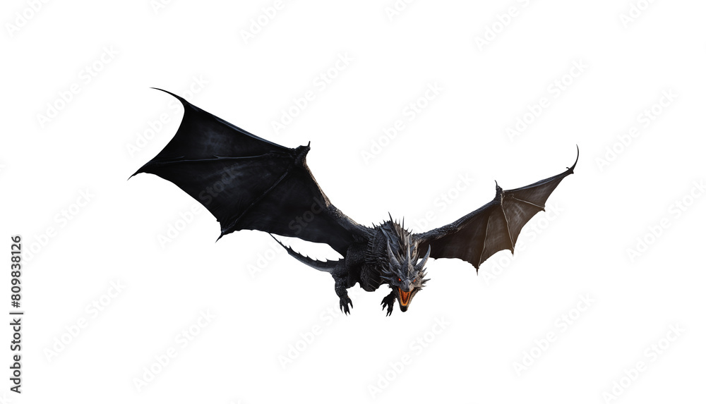ภาพประกอบสต็อก Black dragon in flight. Isolated transparent background PNG. Mythological winged ...