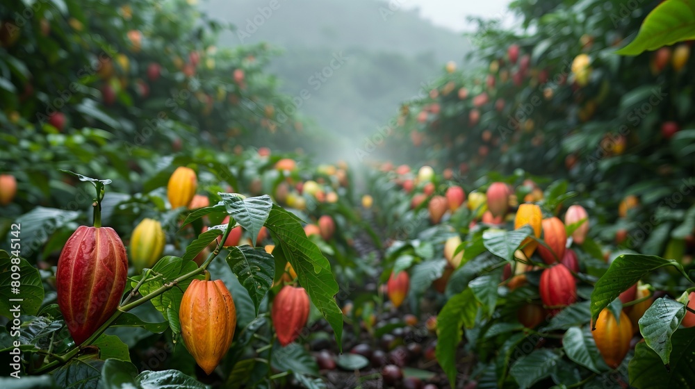 Cocoa pods ready for picking, a sea of colorful pods visible through ...