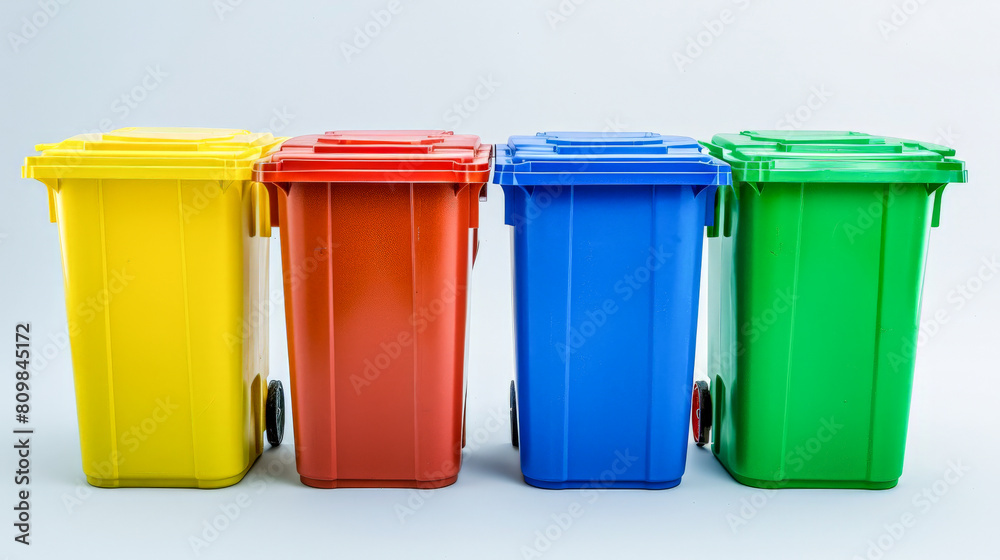 blue, yellow, red, green recycle bin, cmyk color For waste sorting on ...