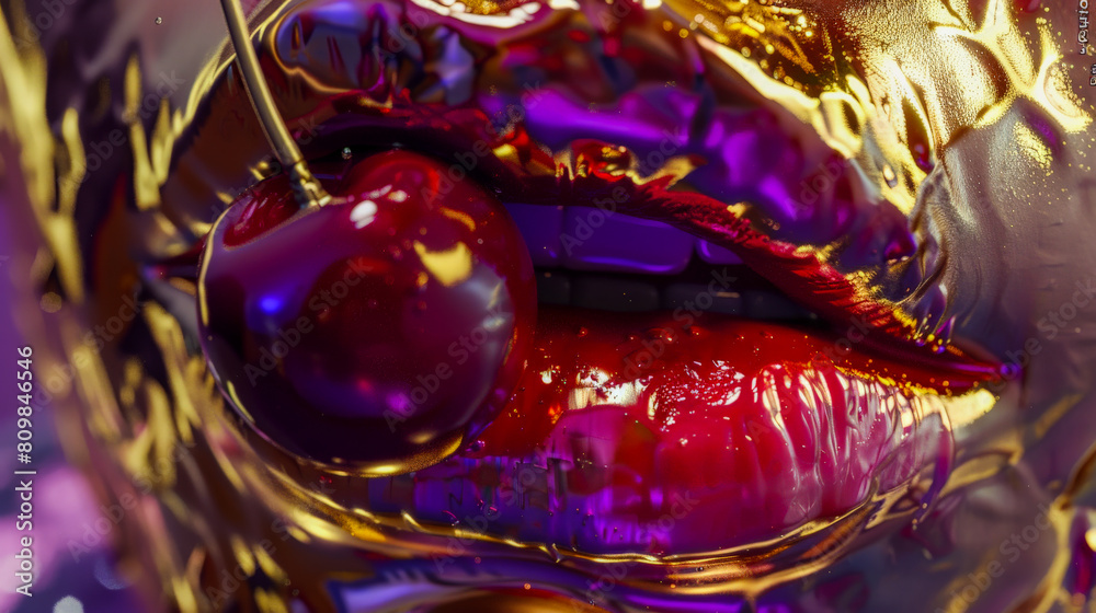 Surreal closeup of glossy lips melting like liquid metal, blending into ...