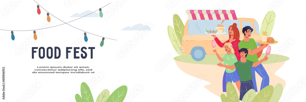 Street food festival banner or flyer design, flat vector illustration ...