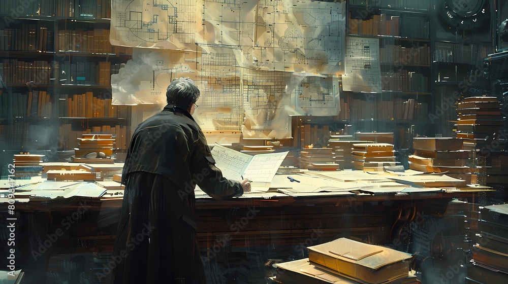 An inventor sketching out blueprints for a revolutionary invention ...