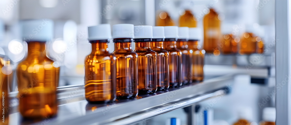 Biopharmaceutical Production manufacturing process, A row of vials with ...
