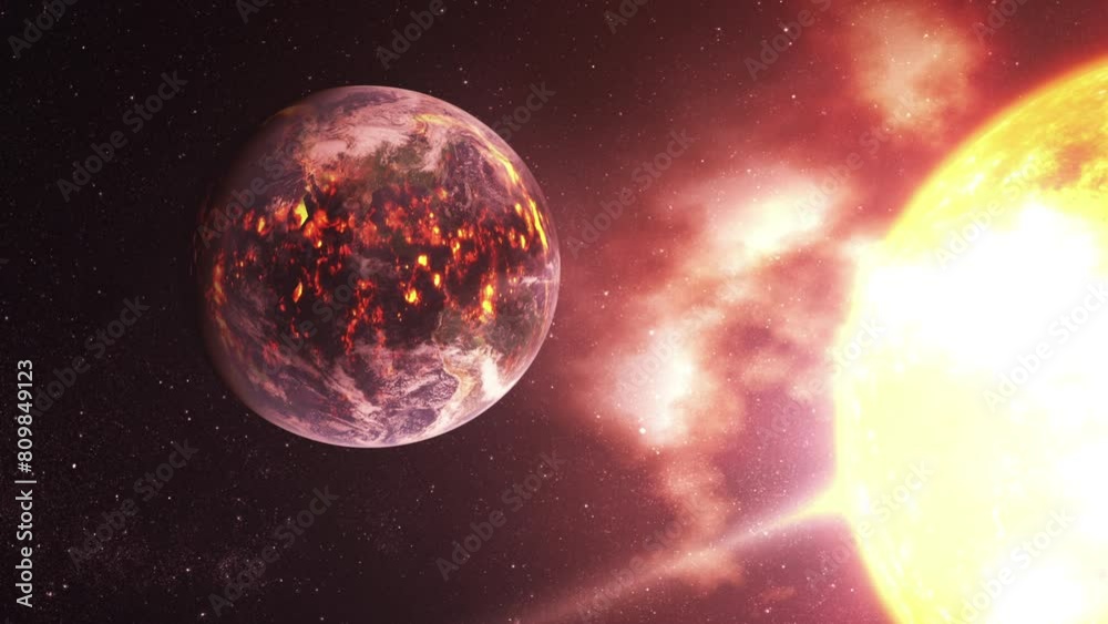 Planet earth close to the sun burning and dying. 3d rendering of planet ...