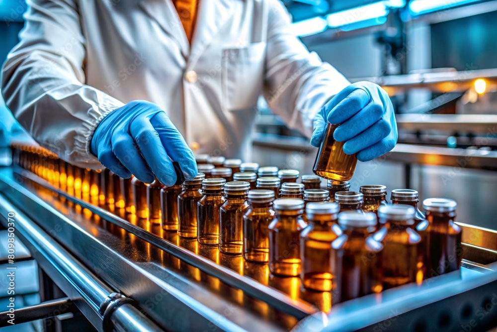 Production of medicines. A pharmacist checks medical vials on an ...