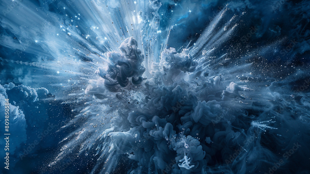 An intense burst of smoke in sapphire and silver, creating a striking ...