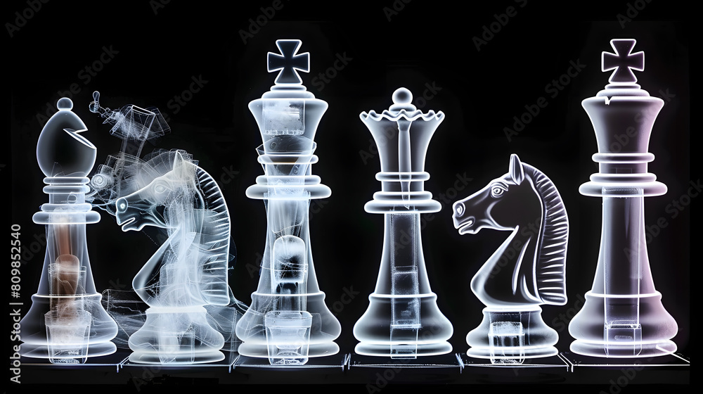 X-ray scan of a chess set, displaying the pieces and their internal ...