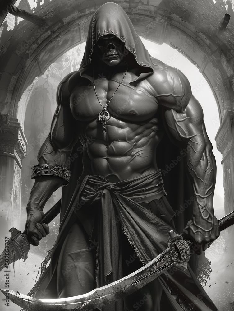 fantasy death warrior - black and white illustration drawing ...