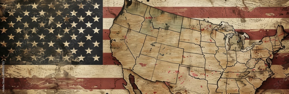 Aged American flag overlaid on a vintage-style map of the United States ...