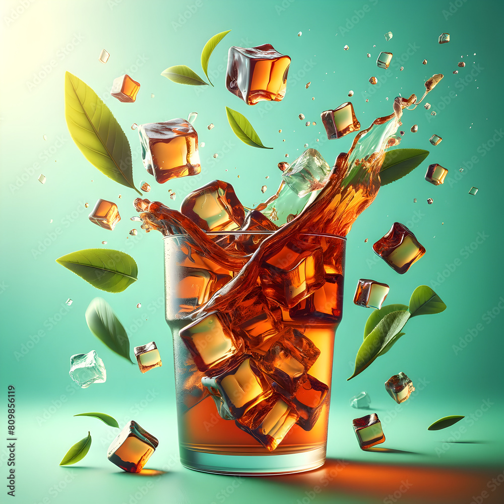 Iced tea drink poster idea template, image of tea leaves, ice cubes and ...