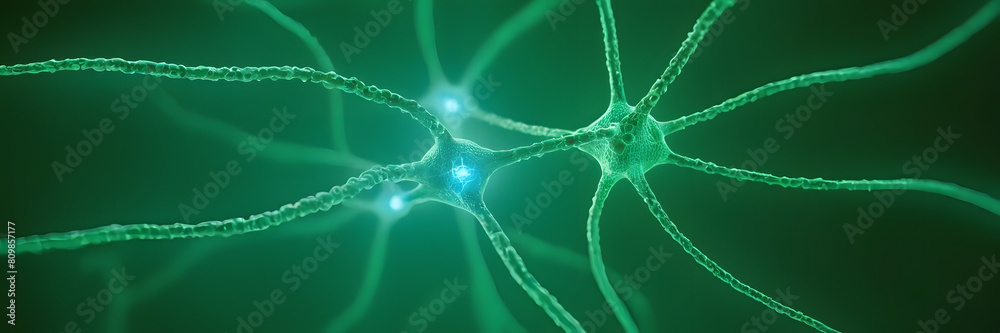 Conceptual illustration of neuron cells with glowing link knots green ...