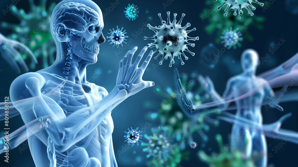 3D illustration of human immune system fighting viruses, with x-ray ...