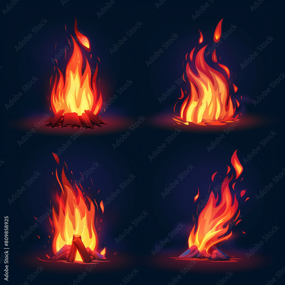 Realistic fire flames set. Cartoon campfire. Fire flames, bright ...