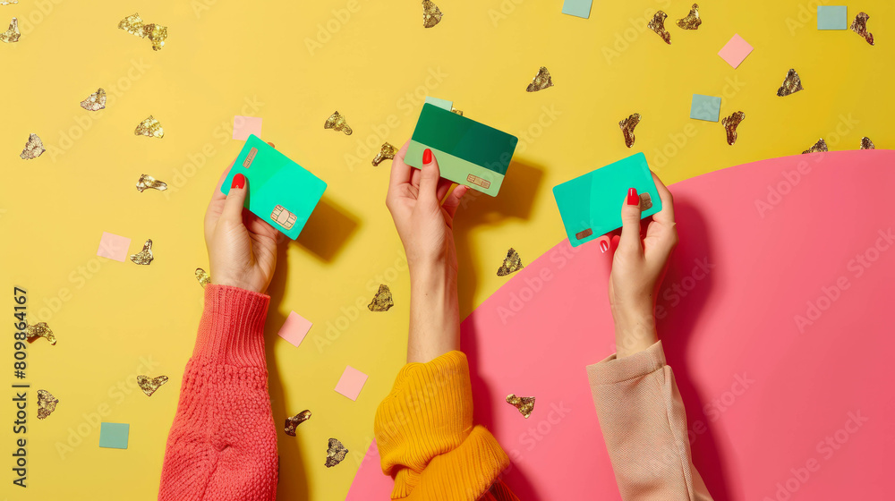 Hands with credit cards depict various payment methods on a green ...