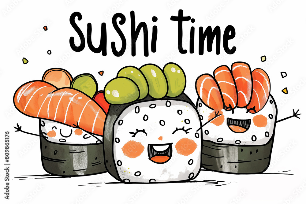 Cute happy kawaii sushi rolls set smiling in pastel colors on white ...