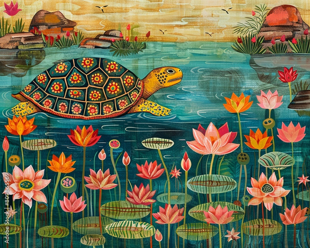 Serene and wise turtle, body decorated with lotuses, in a traditional ...