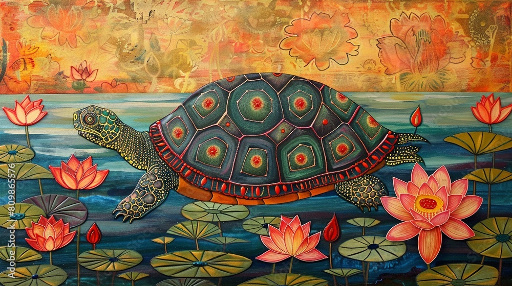 Wise and calm turtle decorated with lotus flowers, painted in ...