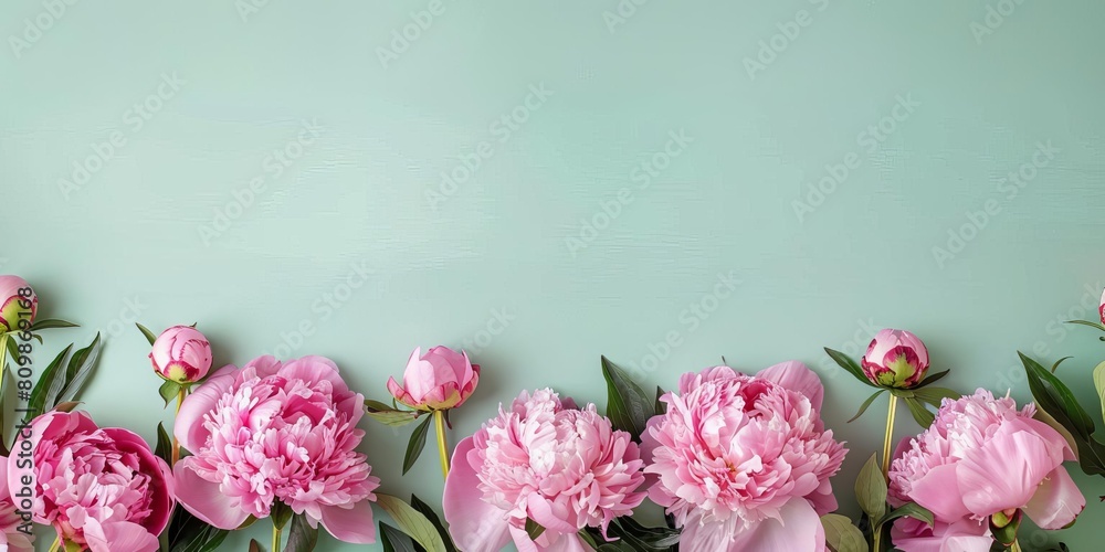 Lush pink peonies border a light green background, leaving copy space ...