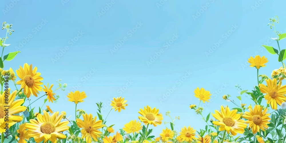 Yellow daisies and greenery form a border at the bottom of a skyblue ...