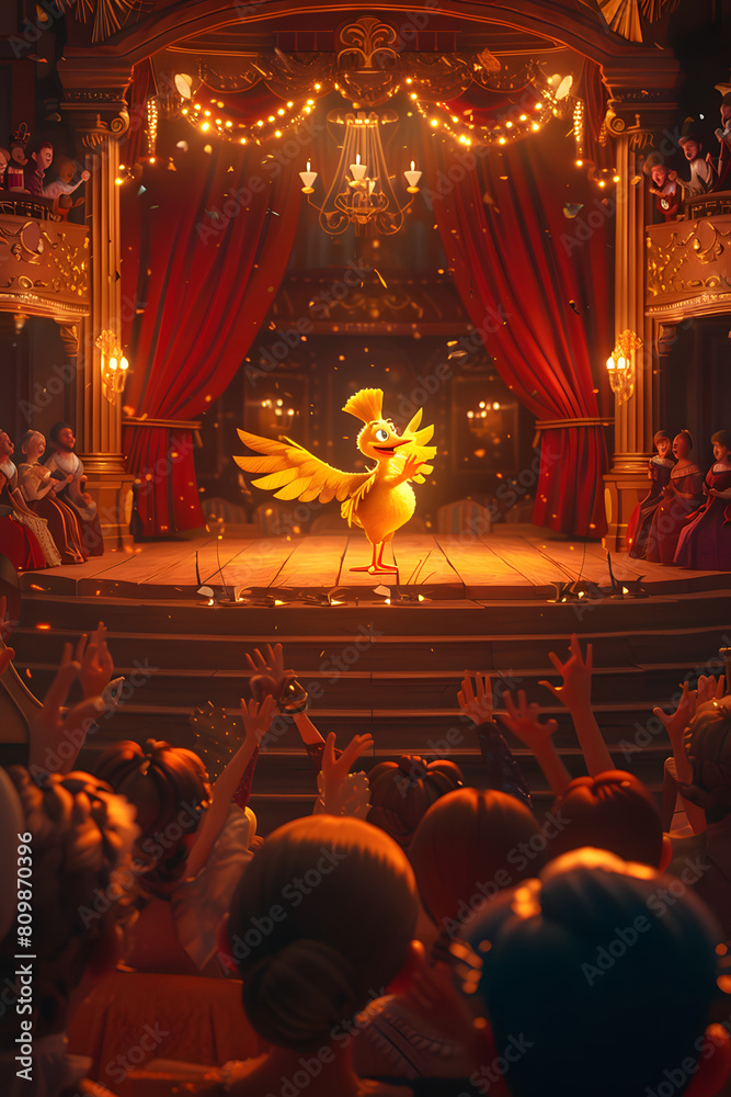 An animated chick stands in a spotlight with wings spread, singing to ...