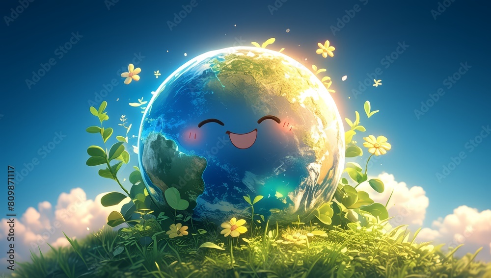 cartoon planet Earth with a smile and greenery, simple design, cute ...