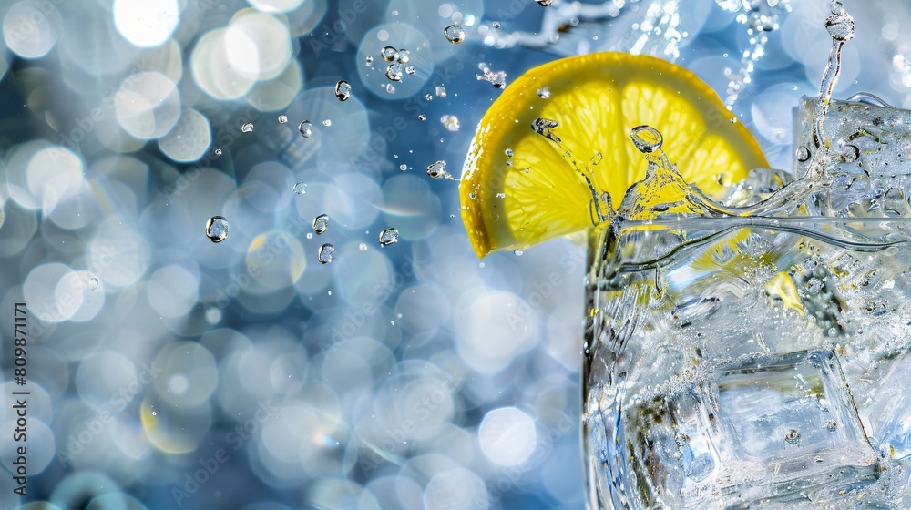 This image shows a lemon slice splashing into a clear, fizzy drink with ...
