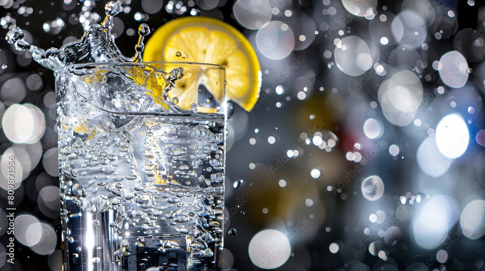 This image shows a lemon slice splashing into a clear, fizzy drink with ...
