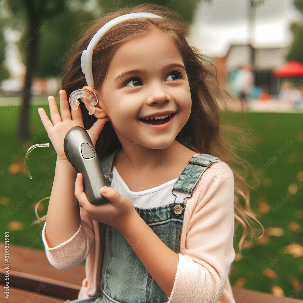 Child girl with hearing aids and cochlear implants having fun outdoor ...