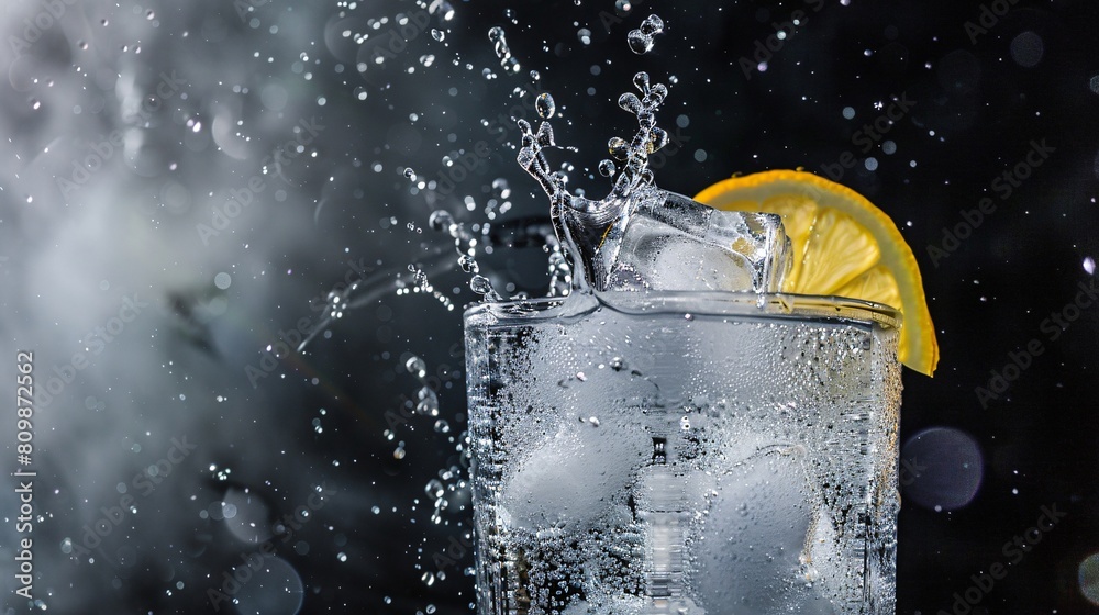 This image shows a lemon slice splashing into a clear, fizzy drink with ...