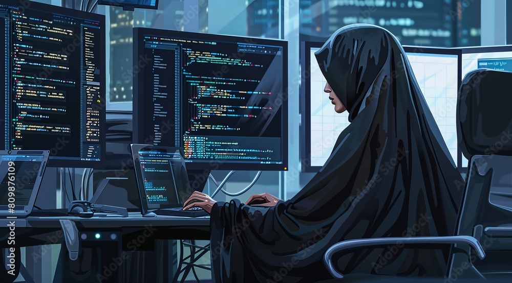 Saudi woman in a hijab working diligently at a high-tech computer setup ...