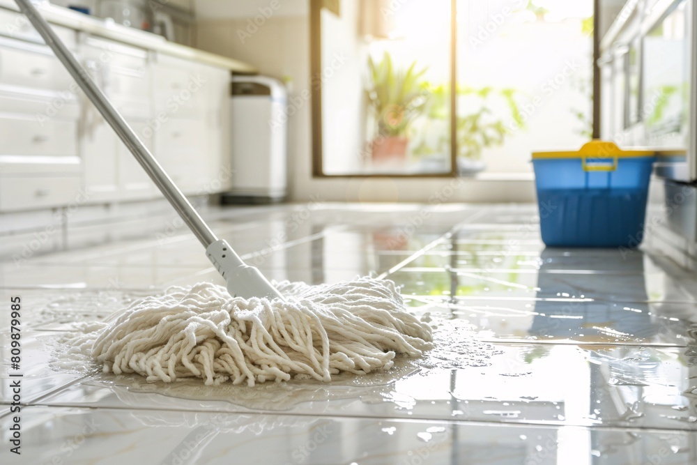 A view of a mop cleaning a tiled floor in a brightly lit kitchen ...