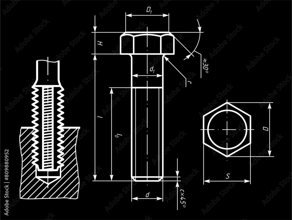 Vector engineering cad drawing of a mechanical part (steel bolt) with ...