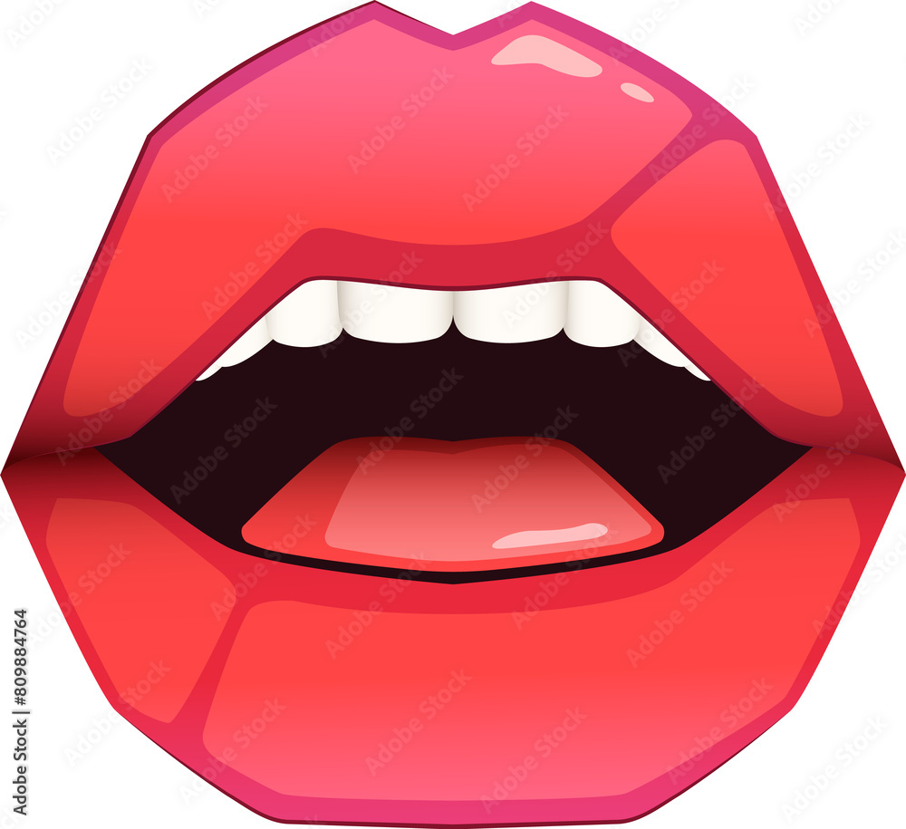 Red female lips. Cartoon woman mouth with different emotions kiss smile ...