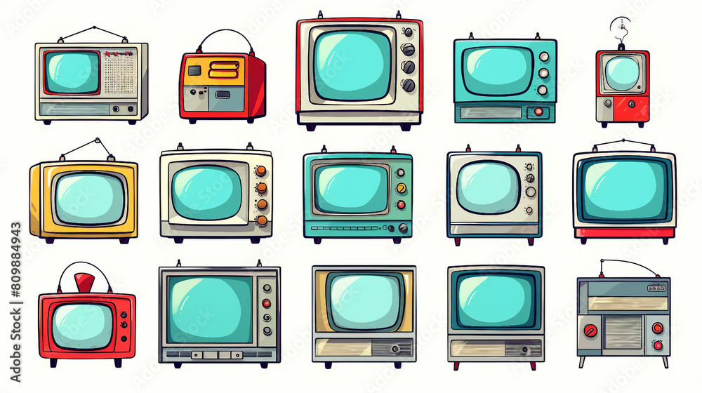 Vintage Television Set Doodle Collection: Hand Drawn Retro TV Artwork ...