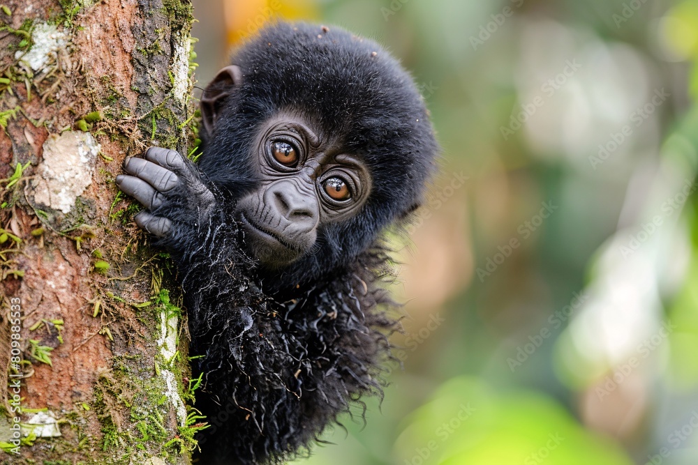 Curious Baby Gorilla Peeking from Behind a Tree in a Natural Forest ...
