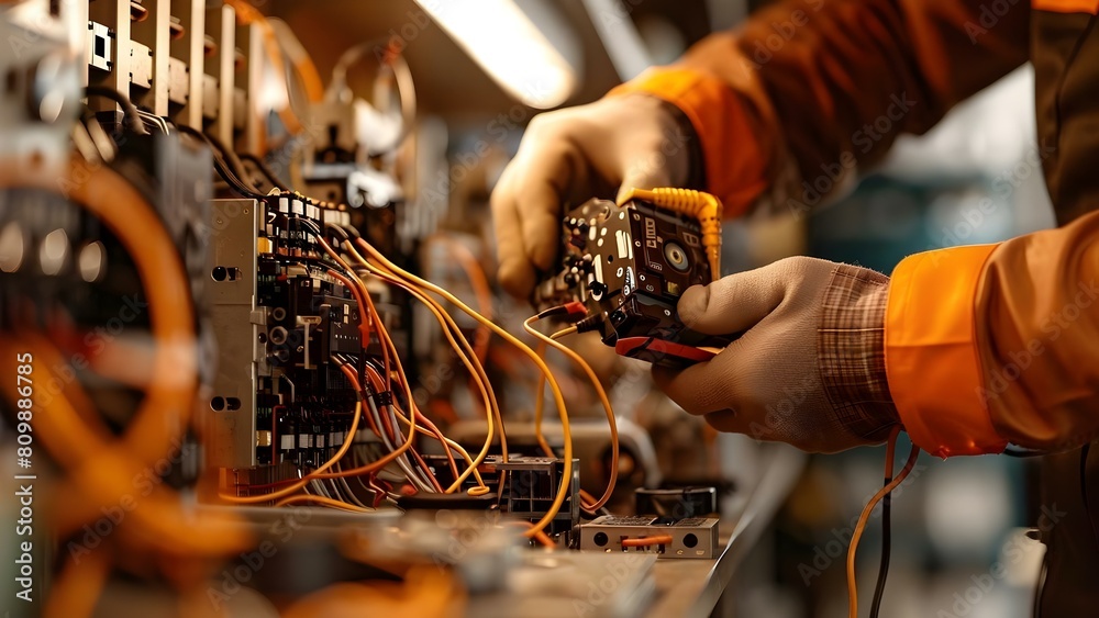 Engineer measures current and voltage in electrical circuit breaker ...