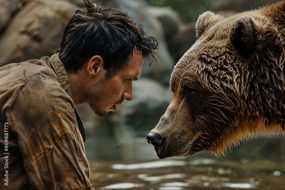An intense visual of a human and a grizzly bear meeting eye to eye ...